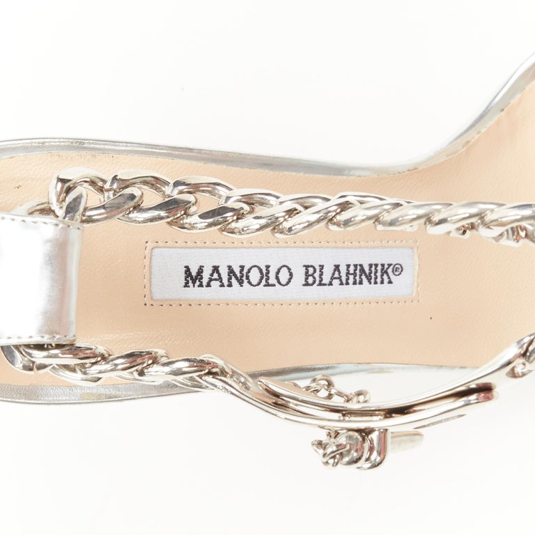 MANOLO BLAHNIK silver chunky chain lock ankle strap high heel sandal ...