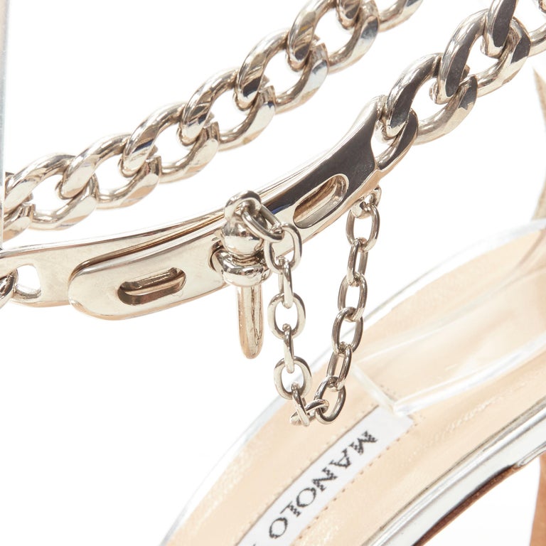 MANOLO BLAHNIK silver chunky chain lock ankle strap high heel sandal ...