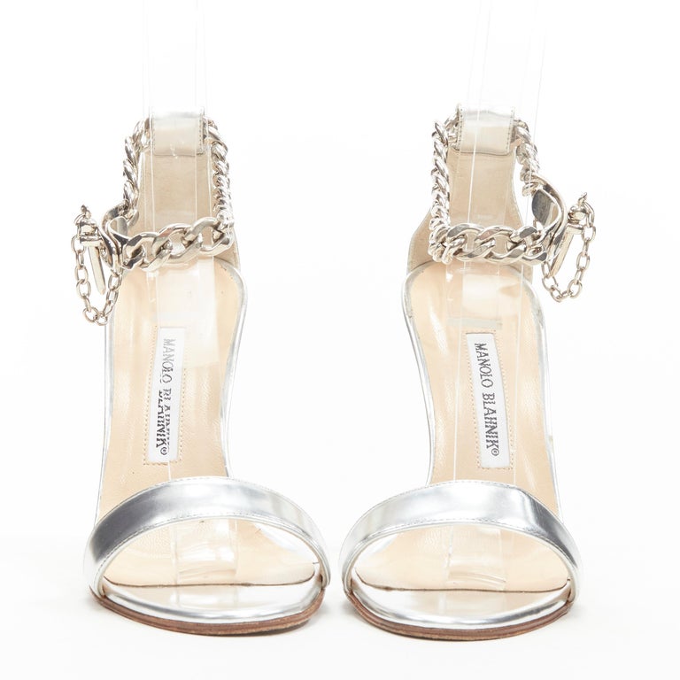 MANOLO BLAHNIK silver chunky chain lock ankle strap high heel sandal ...