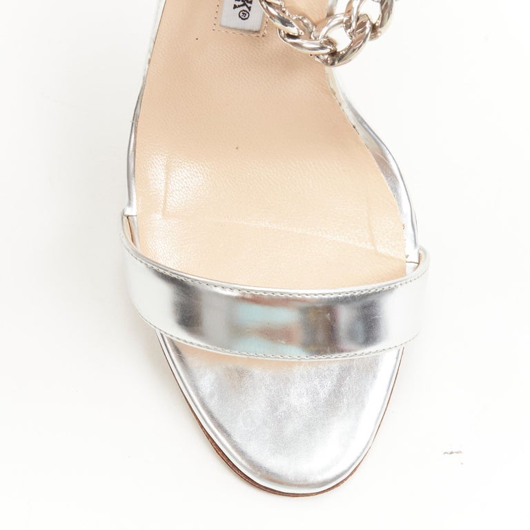 MANOLO BLAHNIK silver chunky chain lock ankle strap high heel sandal ...