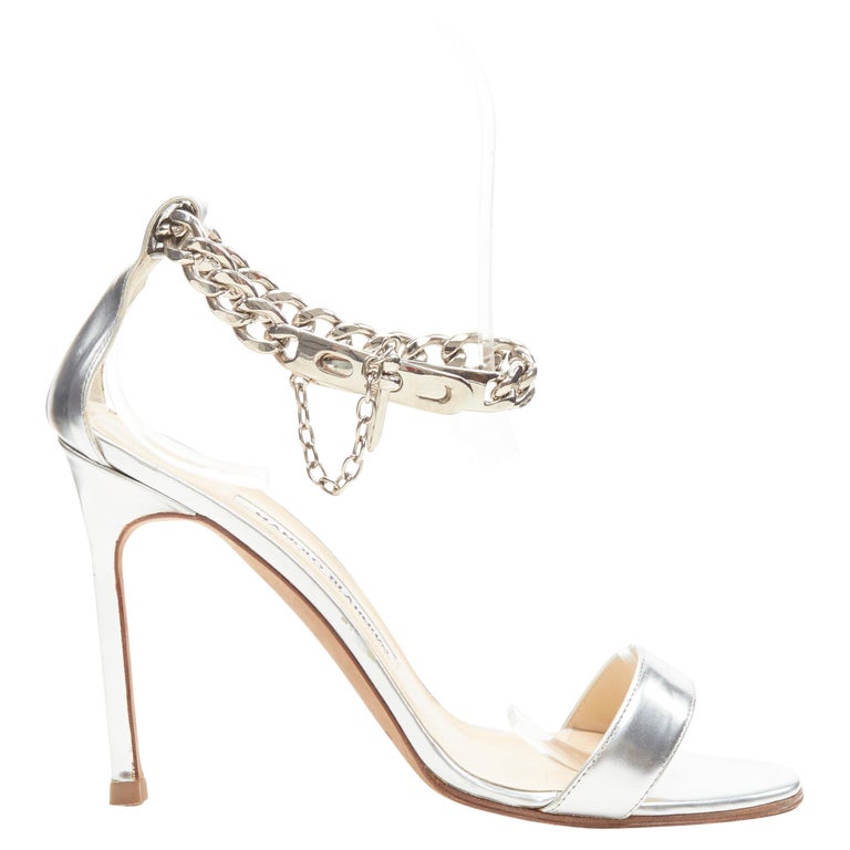 MANOLO BLAHNIK silver chunky chain lock ankle strap high heel sandal ...