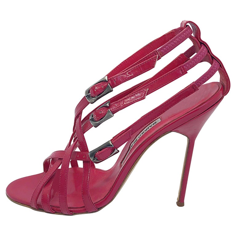 Manolo Blahnik Size 41 / 11 Raspberry Pink Patent Leather Strappy High ...