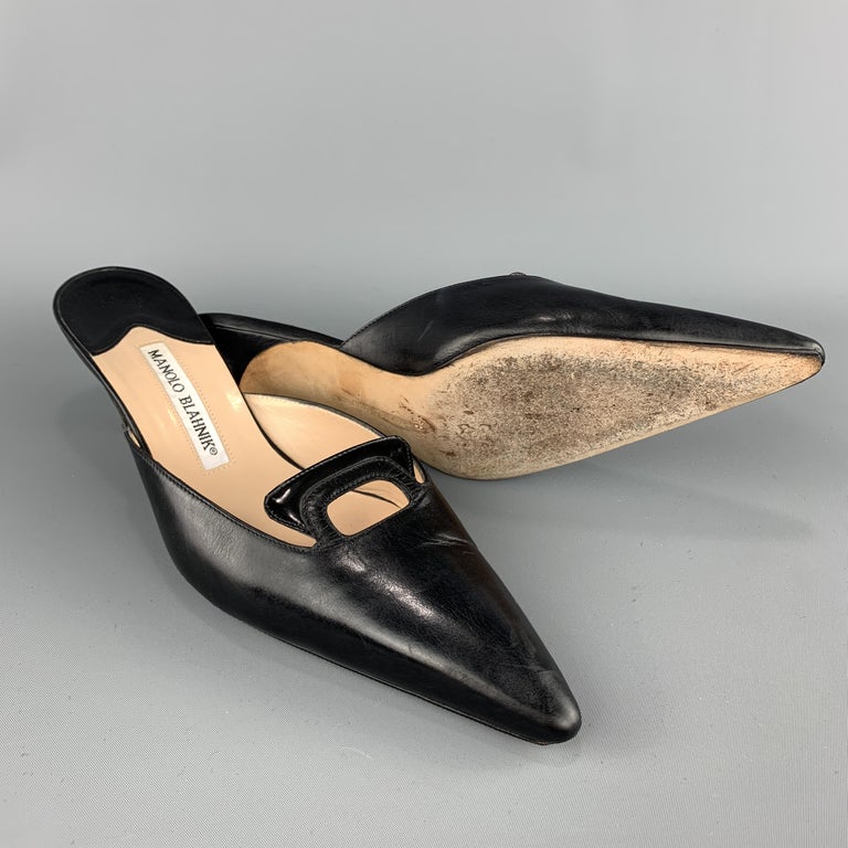 Manolo Blahnik Size 8 5 Black Leather Pointed Cutout Mules At 1stdibs