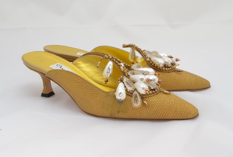 Manolo Blahnik Vintage Gold Pearl Bead Embellished Mules at 1stDibs ...
