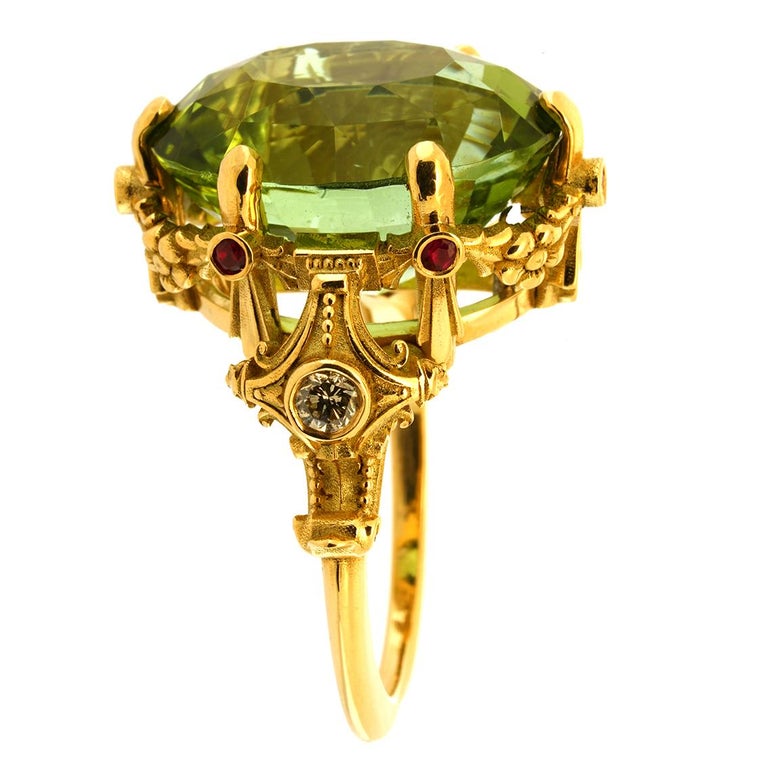 21ct Green Tourmaline, Rubies, Diamonds, and 18k Yellow Gold Antique ...