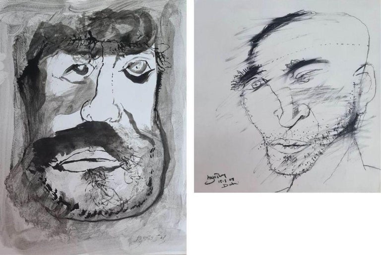 Manu Parekh - Untitled, Charcoal and Watercolor on Paper Set of 2 works ...