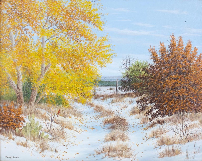 Manuel Garza - Snowy Landscape w Cardinal For Sale at 1stDibs