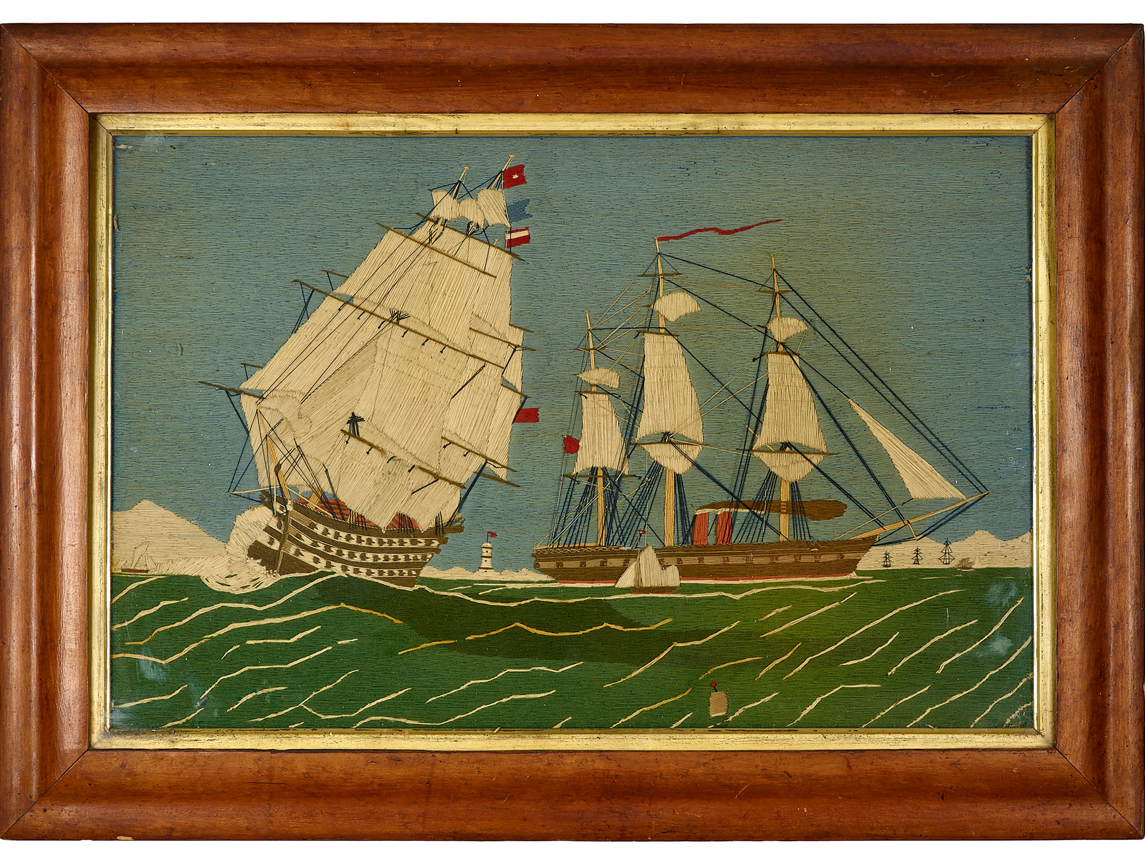Maple framed woolwork picture ships design For Sale at 1stDibs