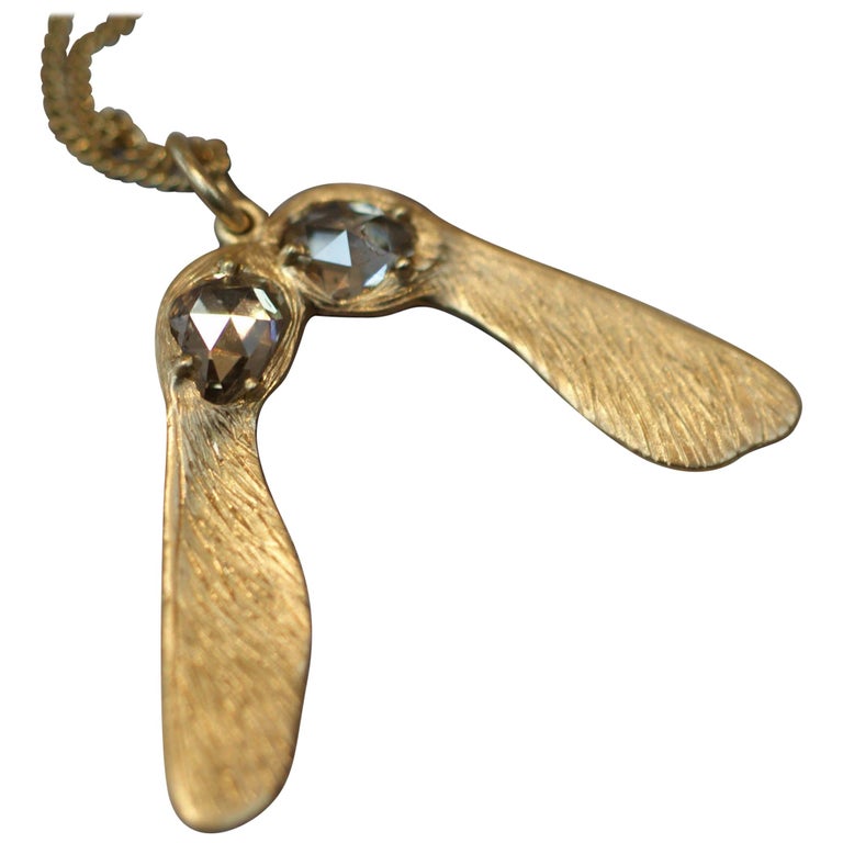 Maple Seed Samara Antique Diamond and 18 Karat Gold Necklace For Sale ...
