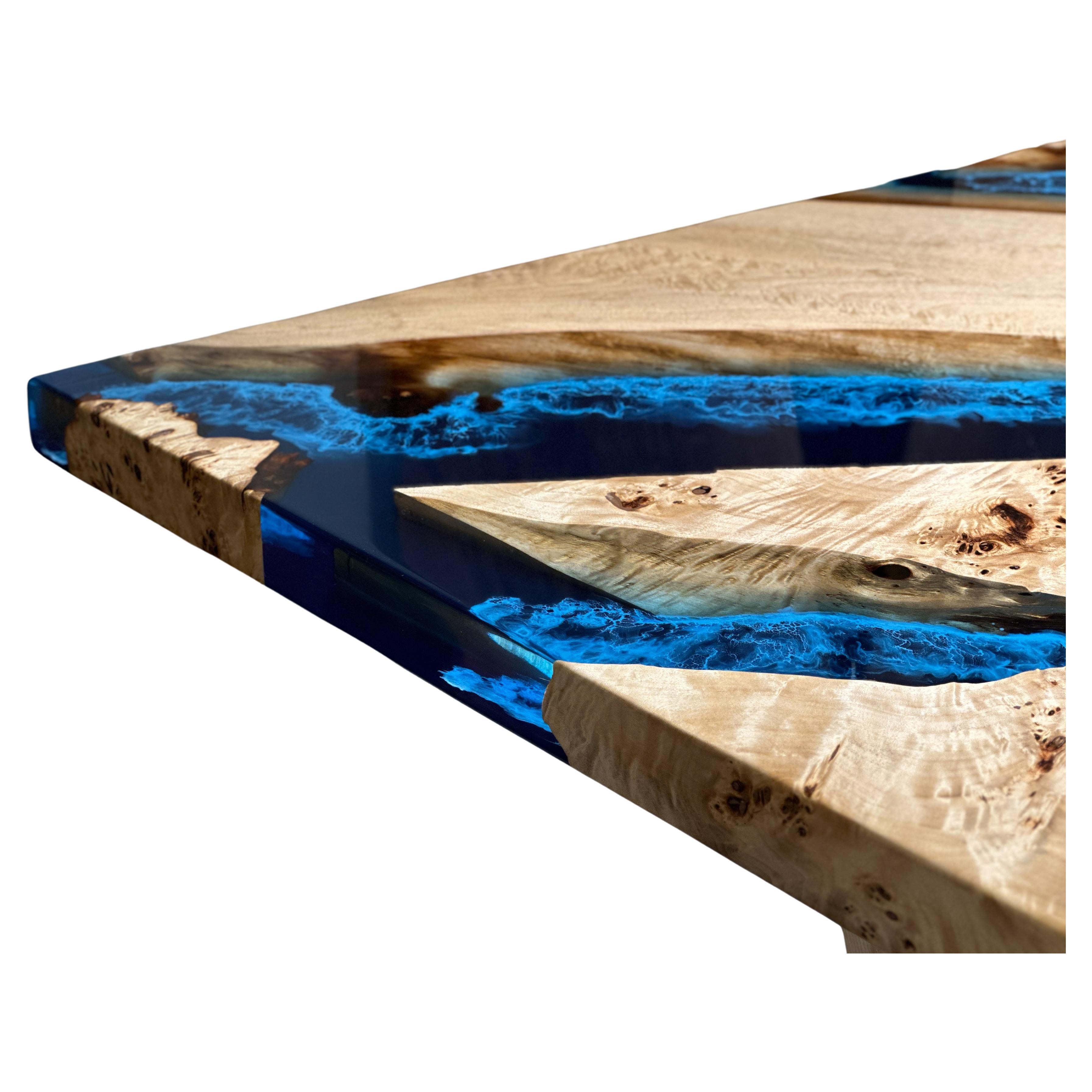 Mappa Burl Deep Blue Epoxy Resin River Custom Dining Wood Table For ...