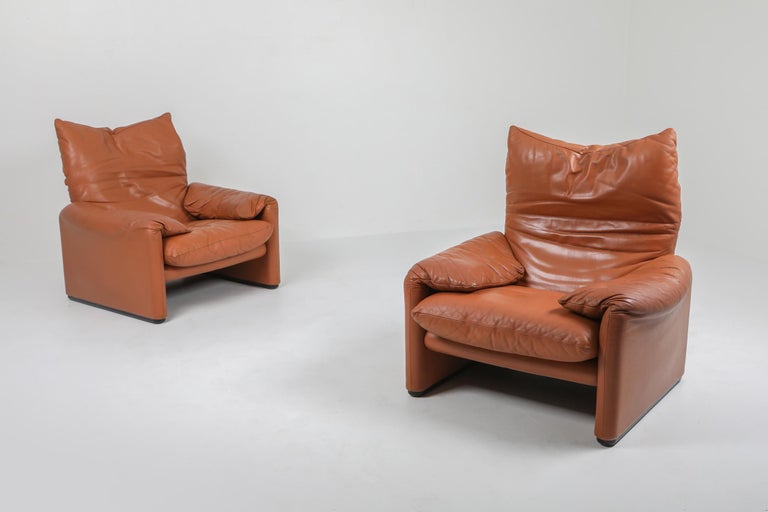 Maralunga Cognac Leather Club Chairs By Vico Magistretti For Cassina