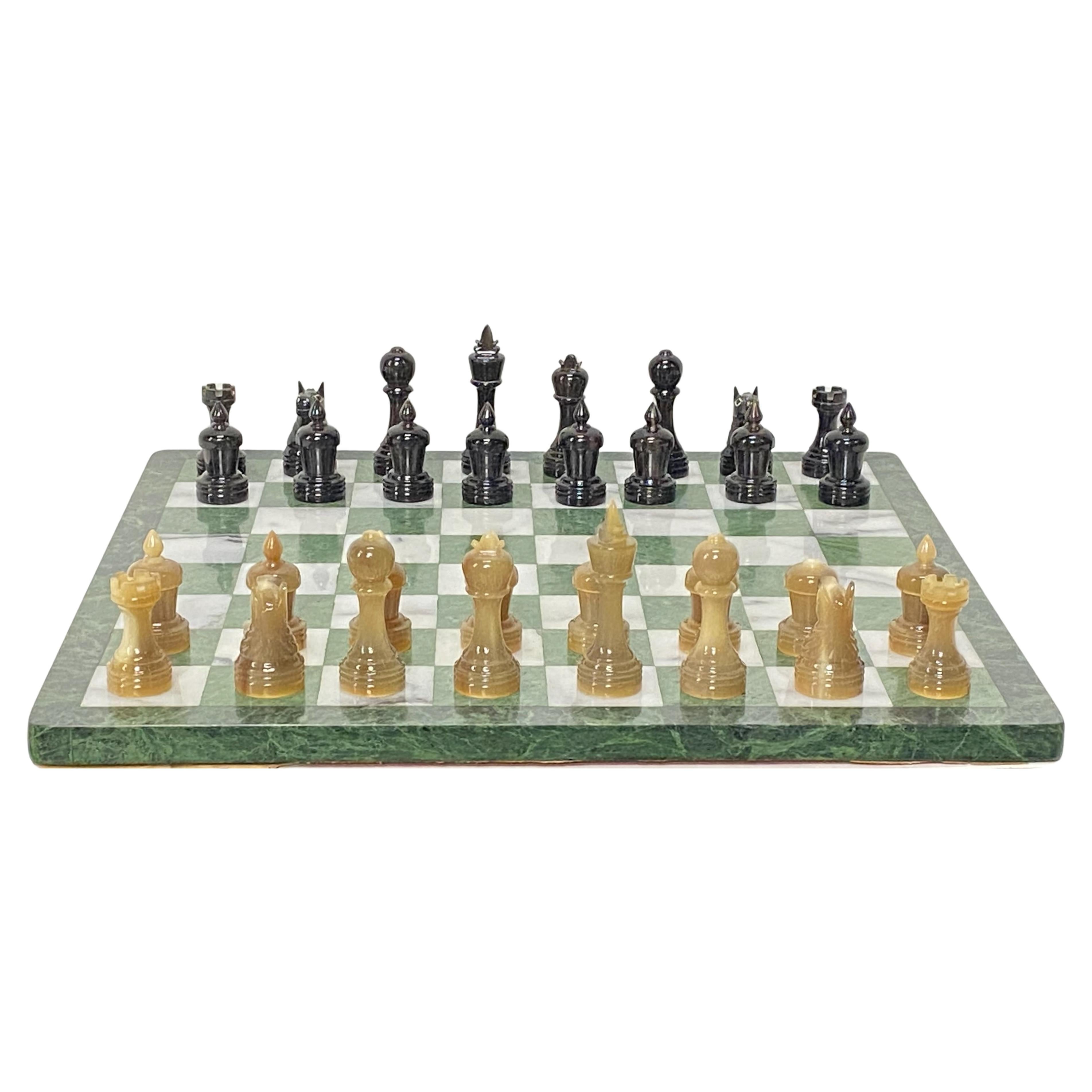 Brutalist Metal Chess Pieces with Onyx Chess Board at 1stDibs