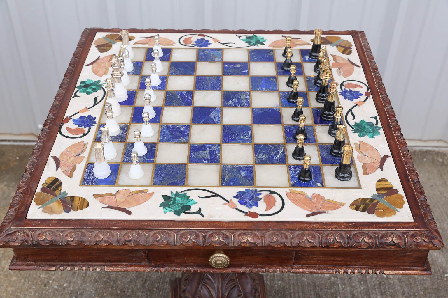 Marble Chess Table Inlaid with Semiprecious Stones and with Silver ...