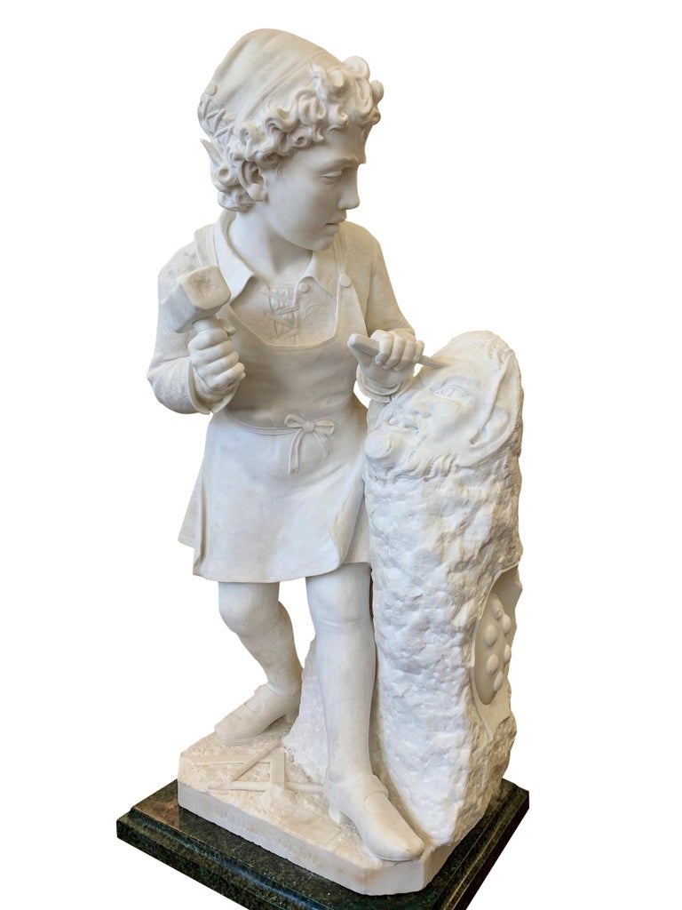 ANTIQUE marble Figure of Michelangelo Carving the Head of Faun For Sale ...