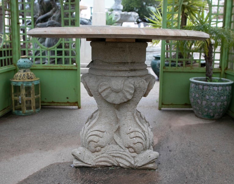 Marble Garden Table with Rose Portuguese Marble Top and Stone Base with ...
