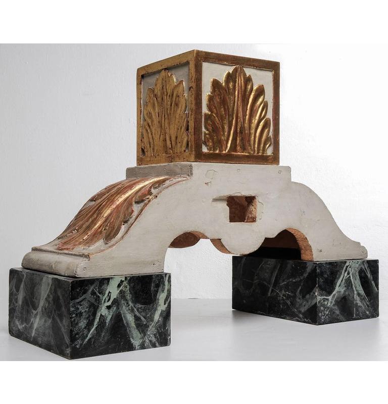 Marble Italian Coffee Table with Antique Wooden Bases For Sale at 1stDibs