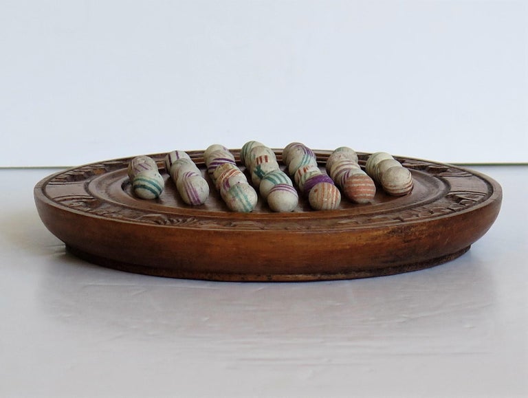 Marble Solitaire Board Game with 37 Early Handmade Ceramic Marbles ...