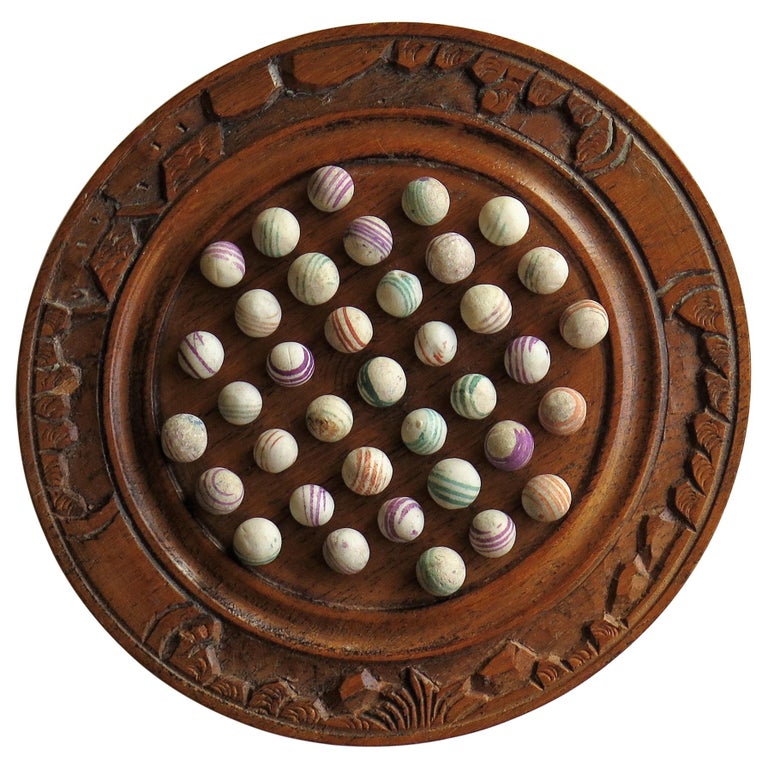 Marble Solitaire Board Game with 37 Early Handmade Ceramic Marbles ...