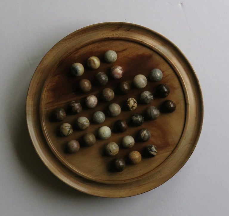 Marble Solitaire Game Hardwood Board 33 Agate Mineral Stone Marbles ...