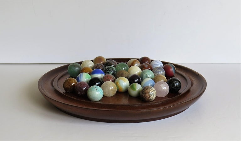 Marble Solitaire Game Hardwood Board and 33 Mainly Agate Mineral Stone ...
