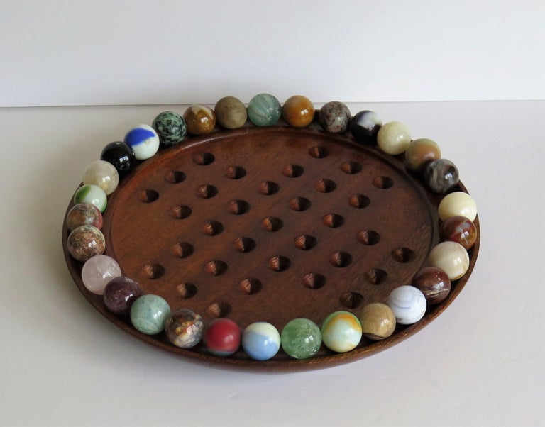 Marble Solitaire Game Hardwood Board and 33 Mainly Agate Mineral Stone ...