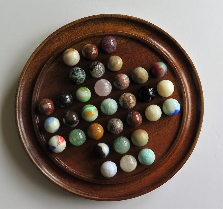 Marble Solitaire Game Hardwood Board and 33 Mainly Agate Mineral Stone ...