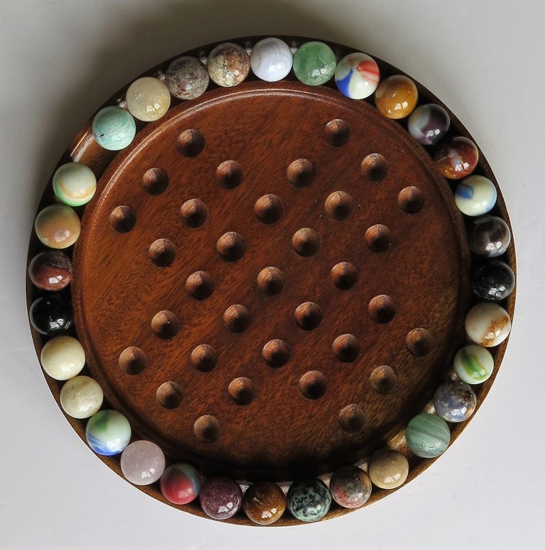 Marble Solitaire Game Hardwood Board and 33 Mainly Agate Mineral Stone ...