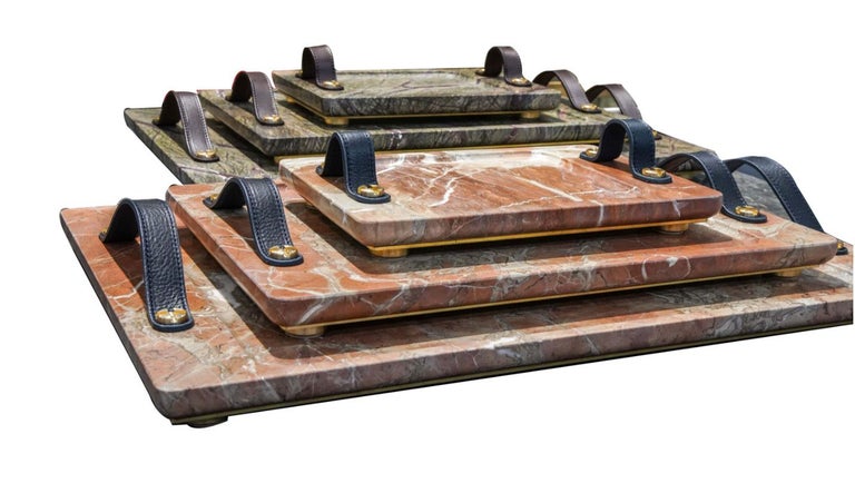 Marble Tray Reddish Color, with Leather Straps, Large For Sale at 1stDibs