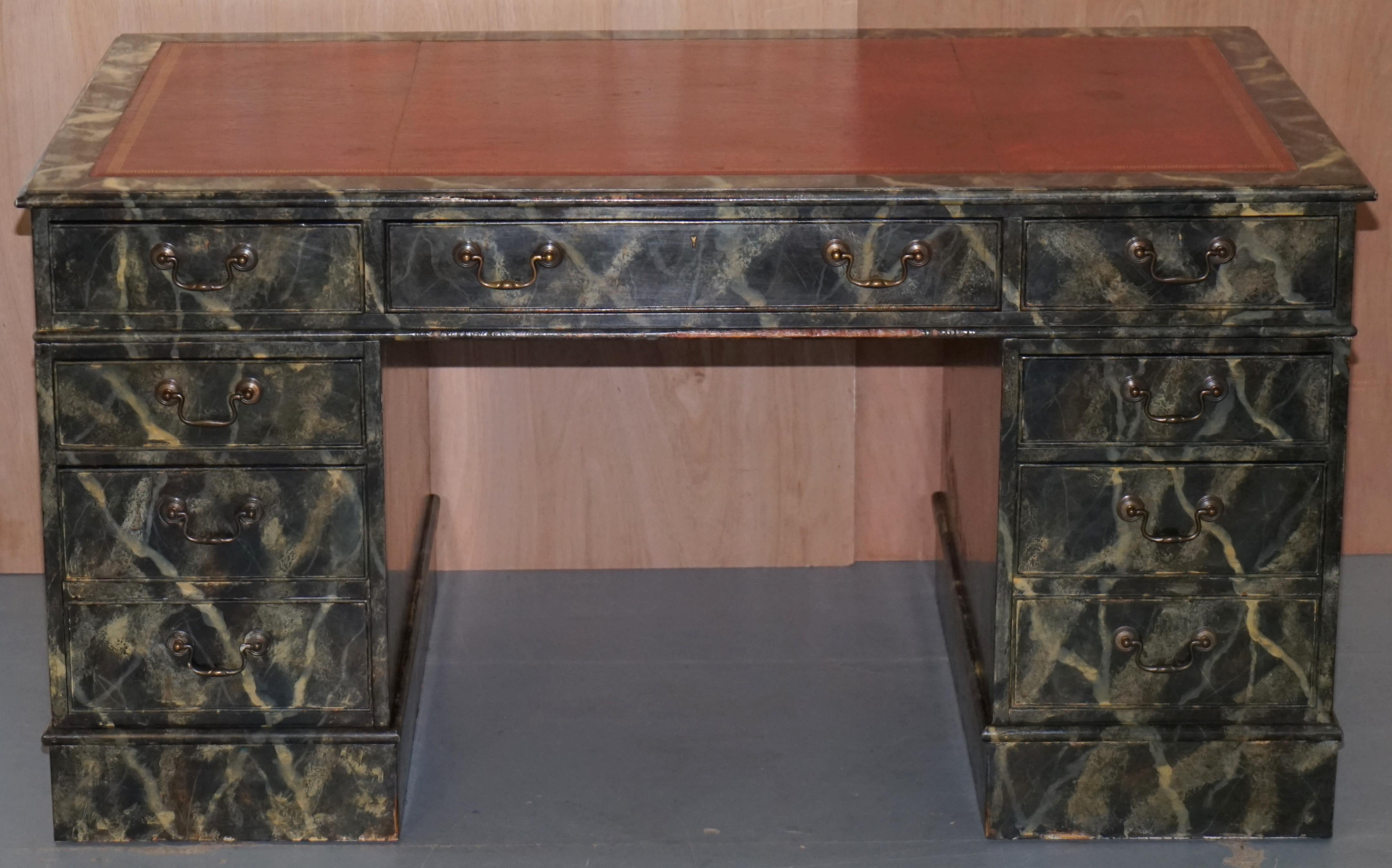 Marbled Hand Painted Marble Painted Twin Pedestal Partner Desk Oxblood ...