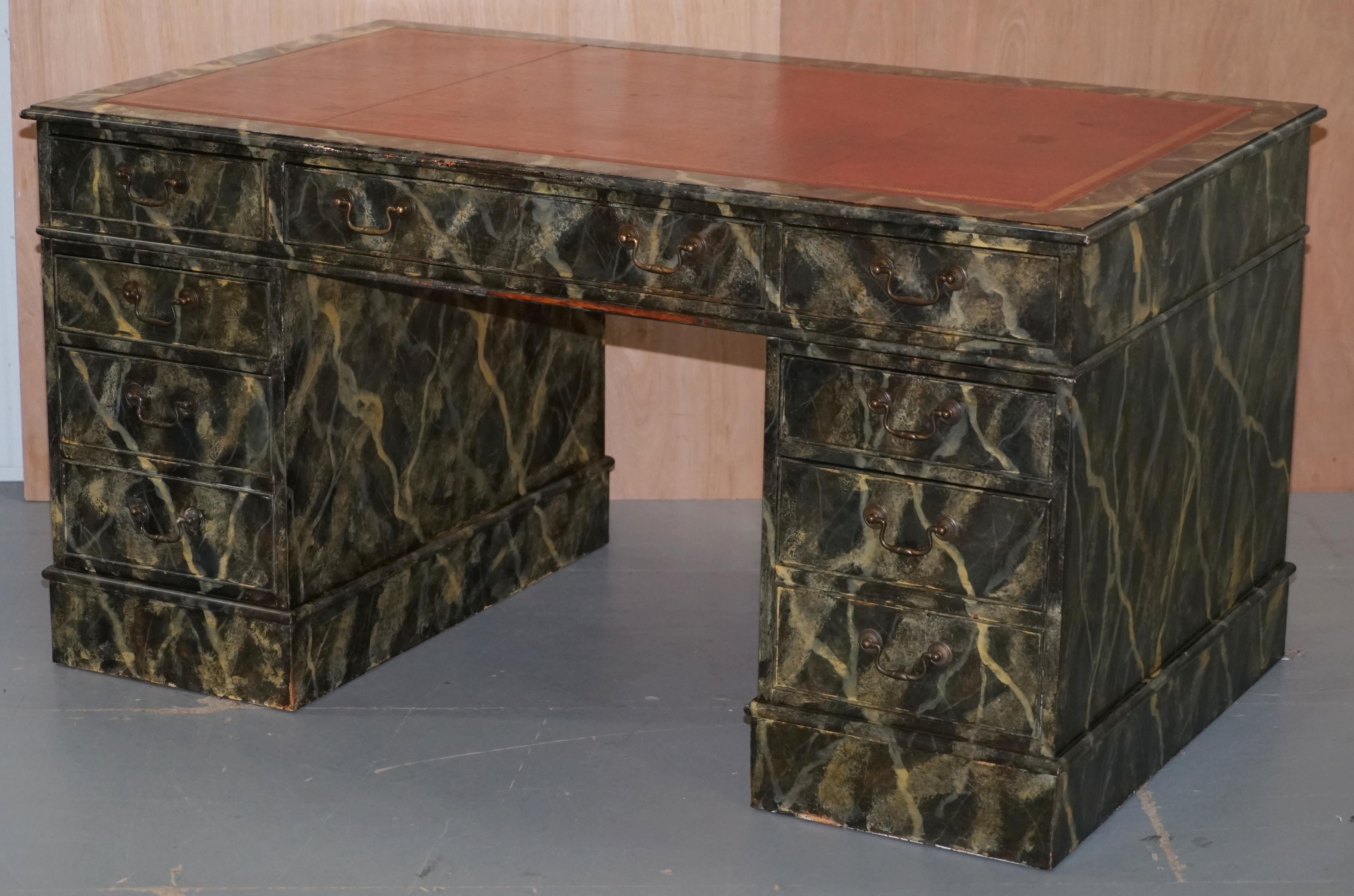 Marbled Hand Painted Marble Painted Twin Pedestal Partner Desk Oxblood ...