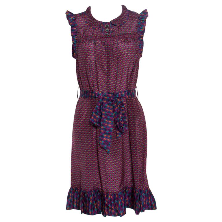 Marc by Marc Jacobs Multicolor Printed Silk Ruffled Trim Belted Dress ...