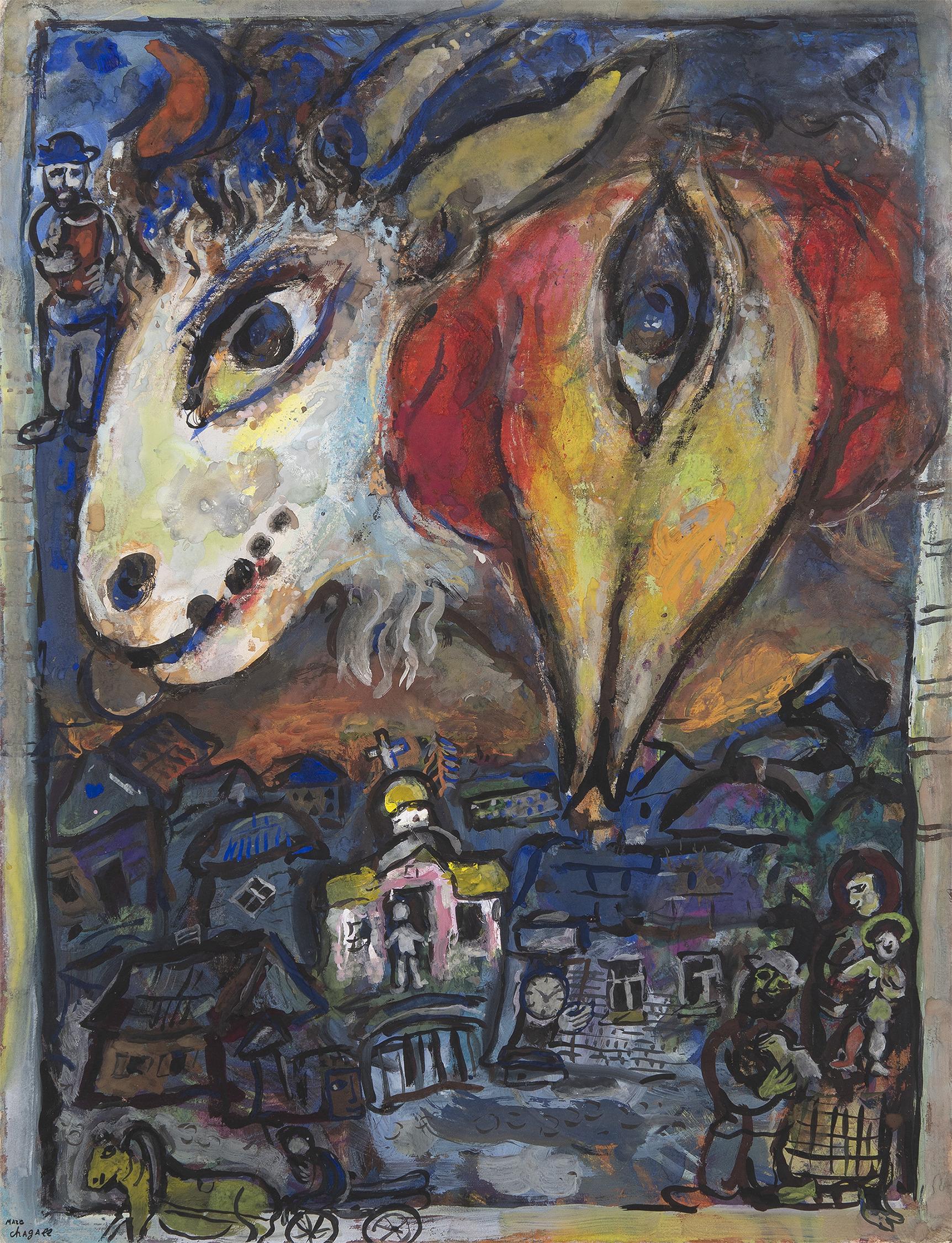 Marc Chagall - La fuite : coq et bouc au dessus du village de Marc ...
