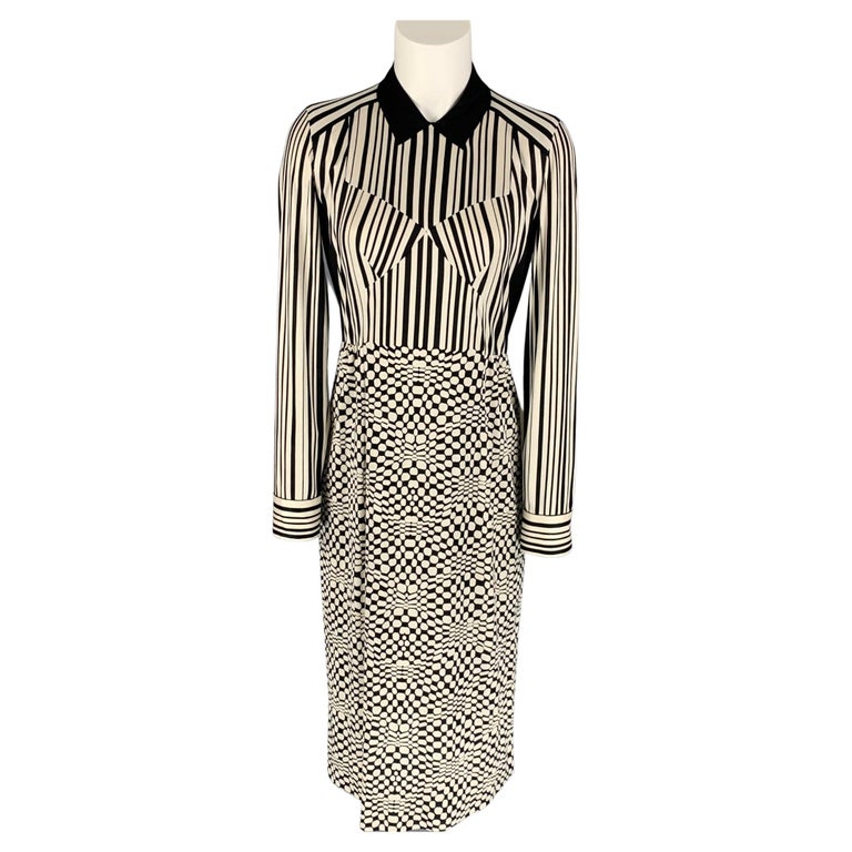 MARC JACOBS Size 2 Black White Silk Graphic Long Sleeve Mid-Calf Dress ...