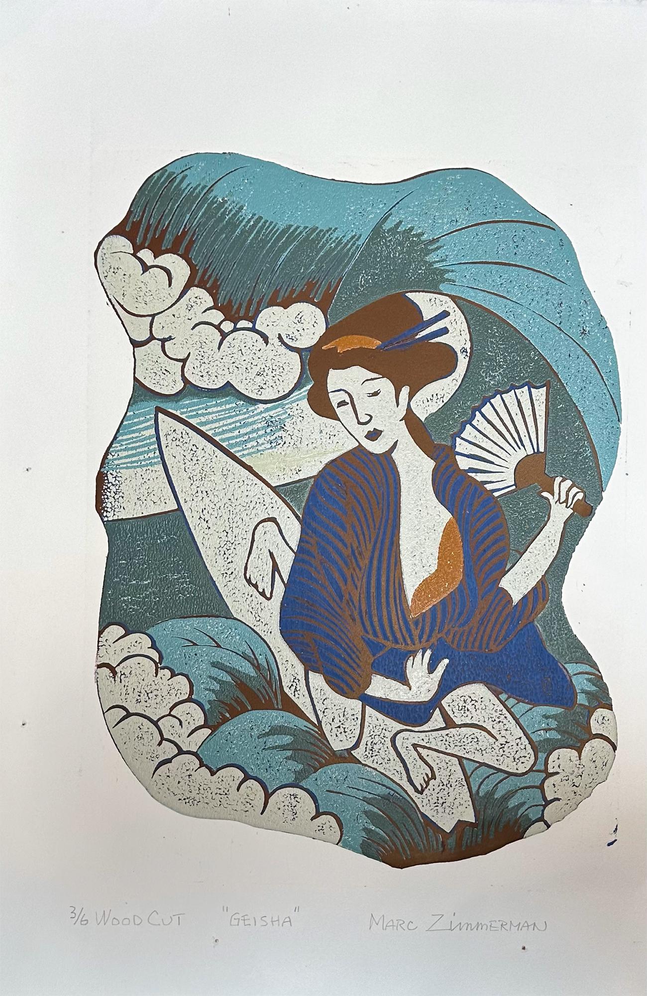 Marc Zimmerman - Geisha - Surfing Art - Figurative - Woodcut Print By ...
