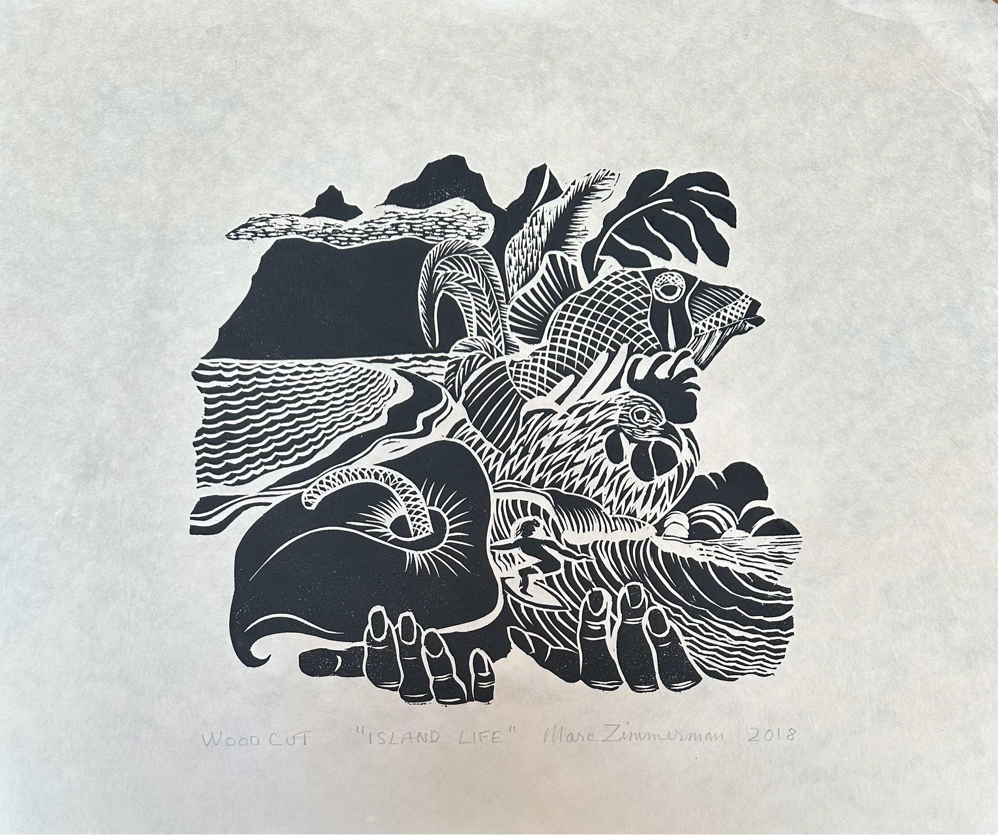 Marc Zimmerman - Island Life - Surfing Art - Figurative - Woodcut Print ...