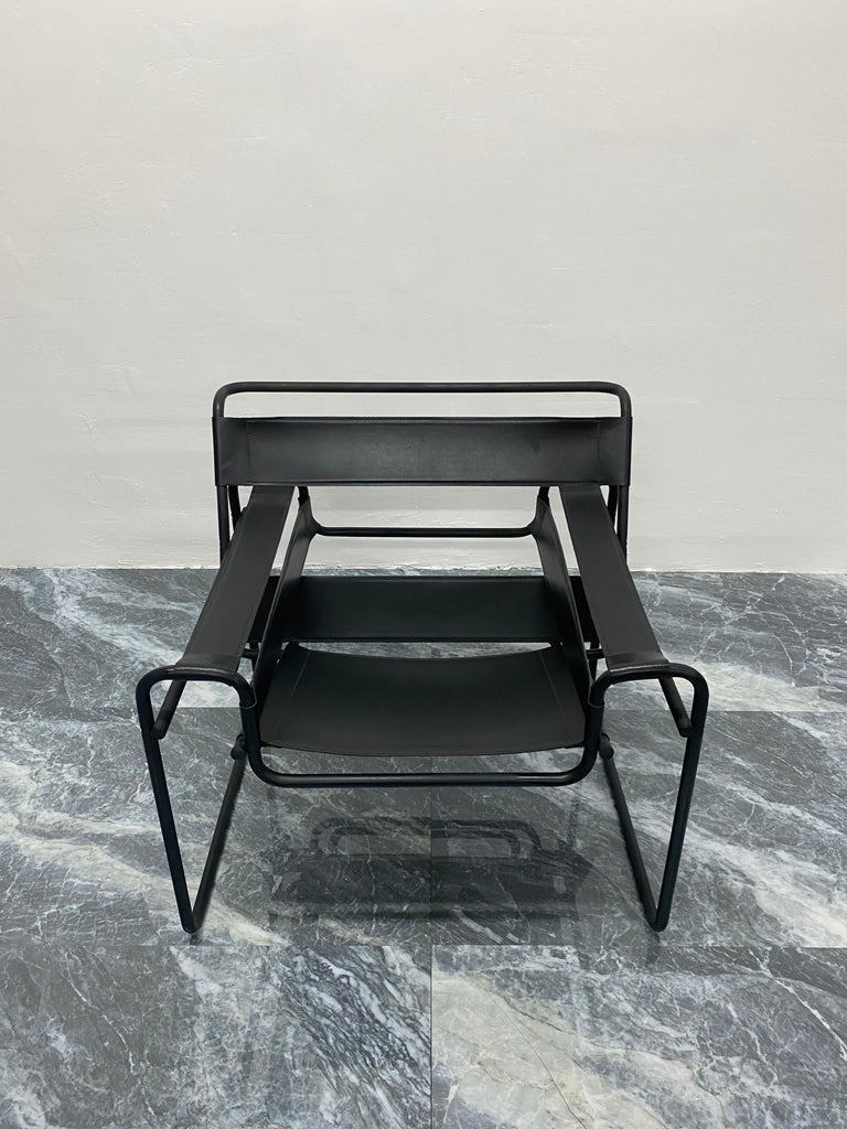 Marcel Breuer Design Style Black Leather and Matte Black Frame "Wassily ...