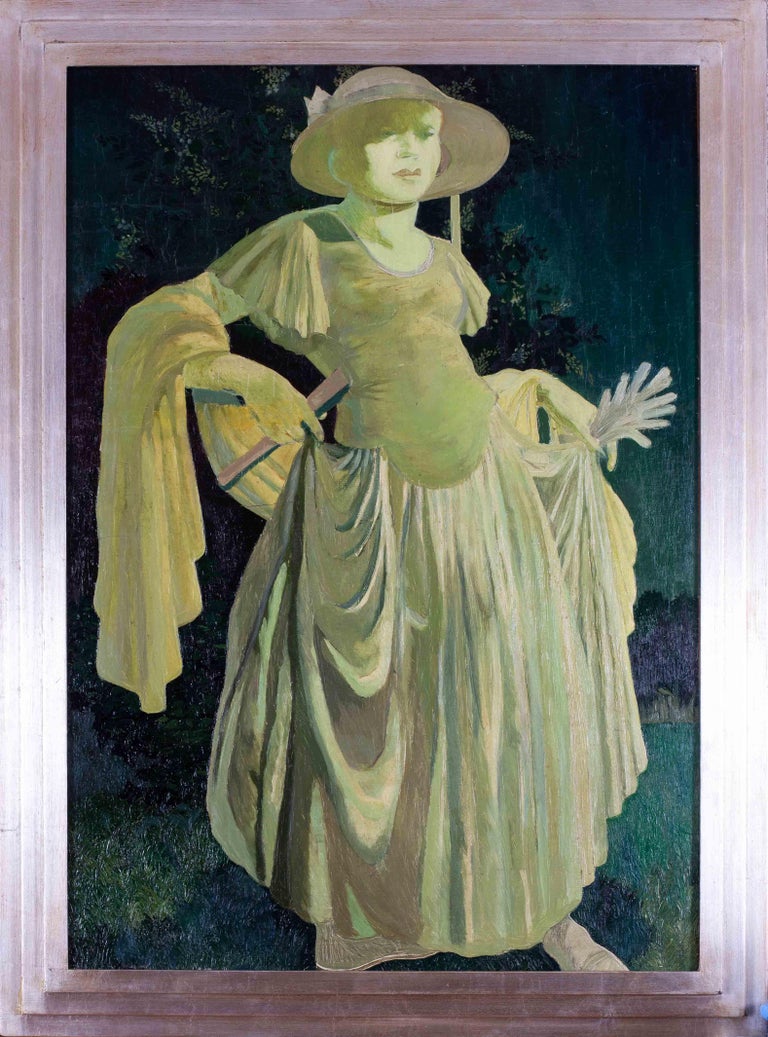 20th Century art deco figurative painting of a lady in moonlight For ...