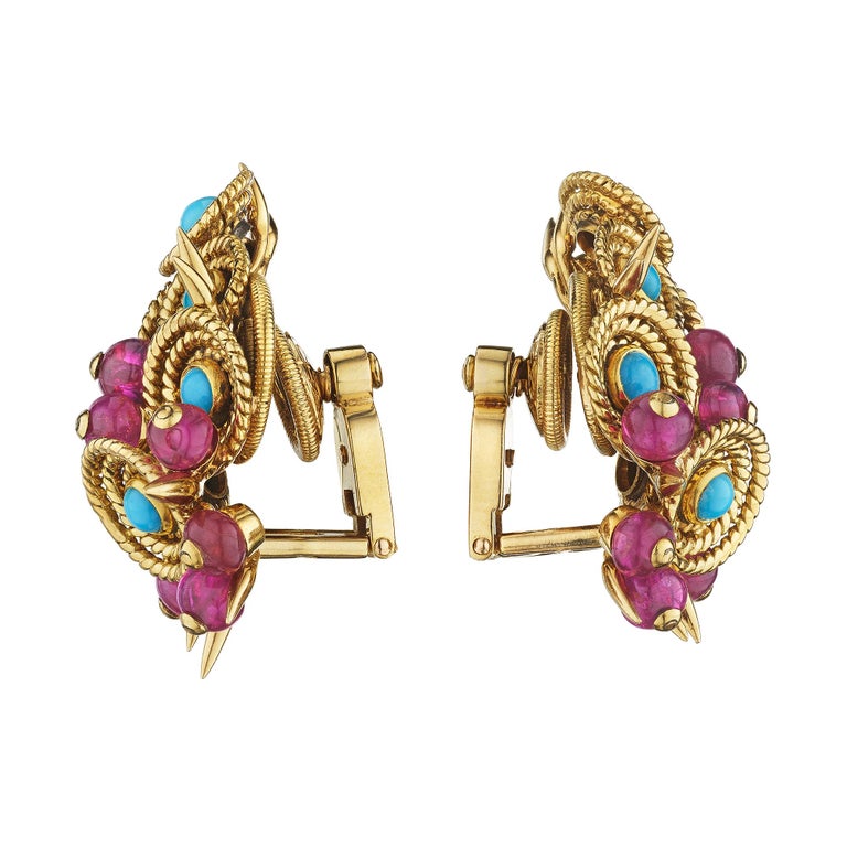 Marchak Paris Mid-Century Ruby Turquoise Gold Clip Earrings For Sale at ...