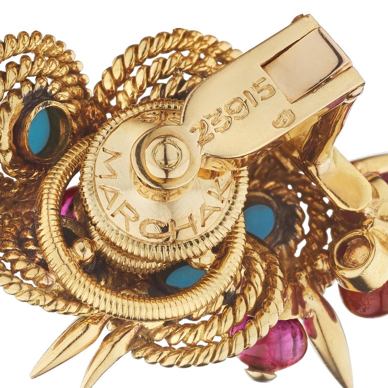 Marchak Paris Mid-Century Ruby Turquoise Gold Clip Earrings For Sale at ...