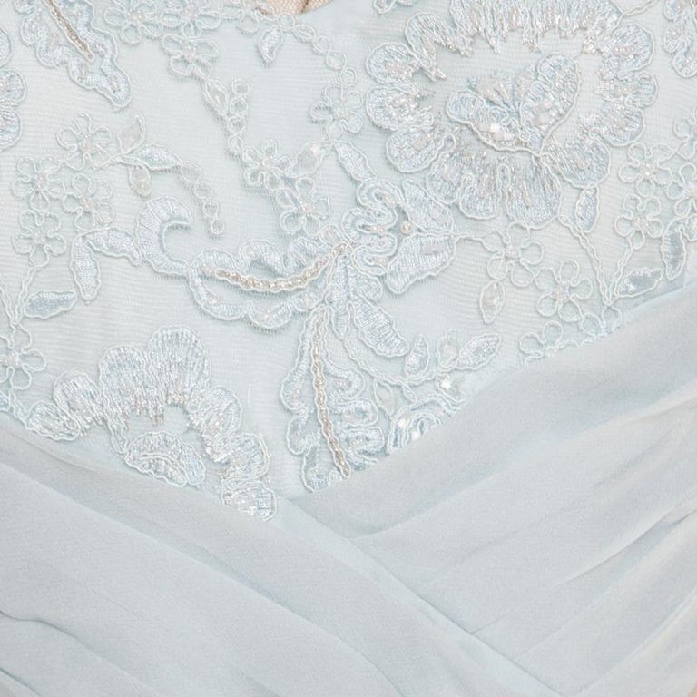 Marchesa Notte Blue Embellished Embroidered Silk Sheer Panel Detail ...