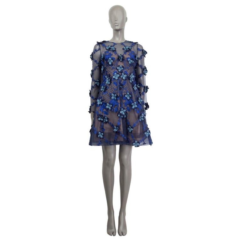 MARCHESA NOTTE blue SHEER FLORAL EVENING Dress 0 XS For Sale at 1stDibs