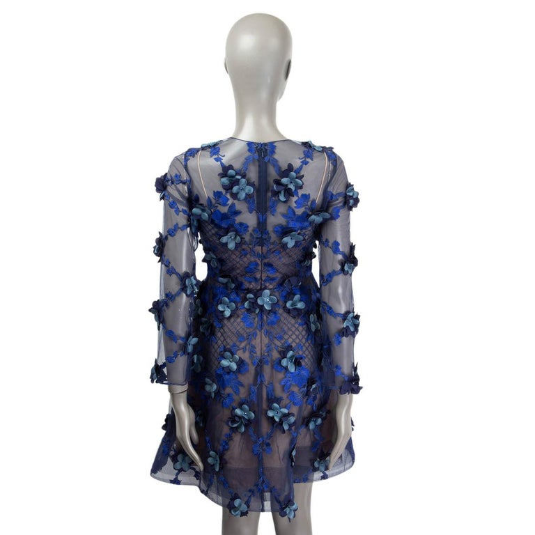 MARCHESA NOTTE blue SHEER FLORAL EVENING Dress 0 XS For Sale at 1stDibs