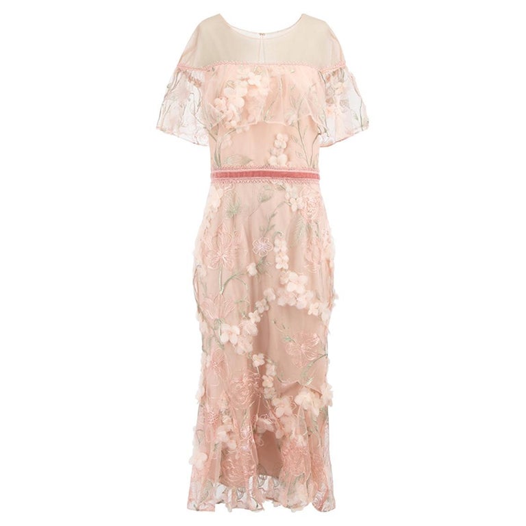 Marchesa Notte Women's Pink Floral Tulle Layered Midi Dress For Sale at ...