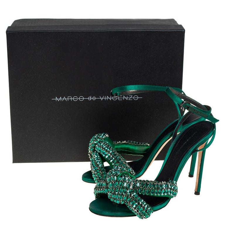 Marco de vincenzo Green Crystal Embellished Satin Knotted Ankle Strap ...