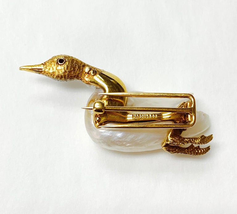 Marcus and Co. circa 1915 Natural Pearl, Ruby and Diamond Goose Pin in ...