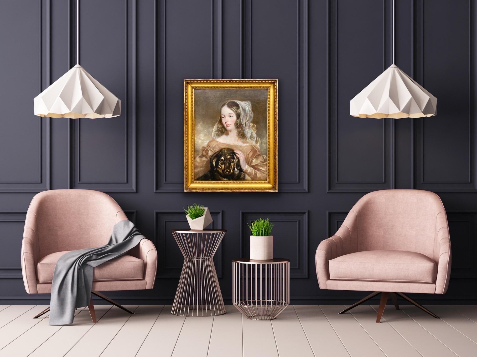 19th century British portrait Miss Coote with her dog - Girl Female ...