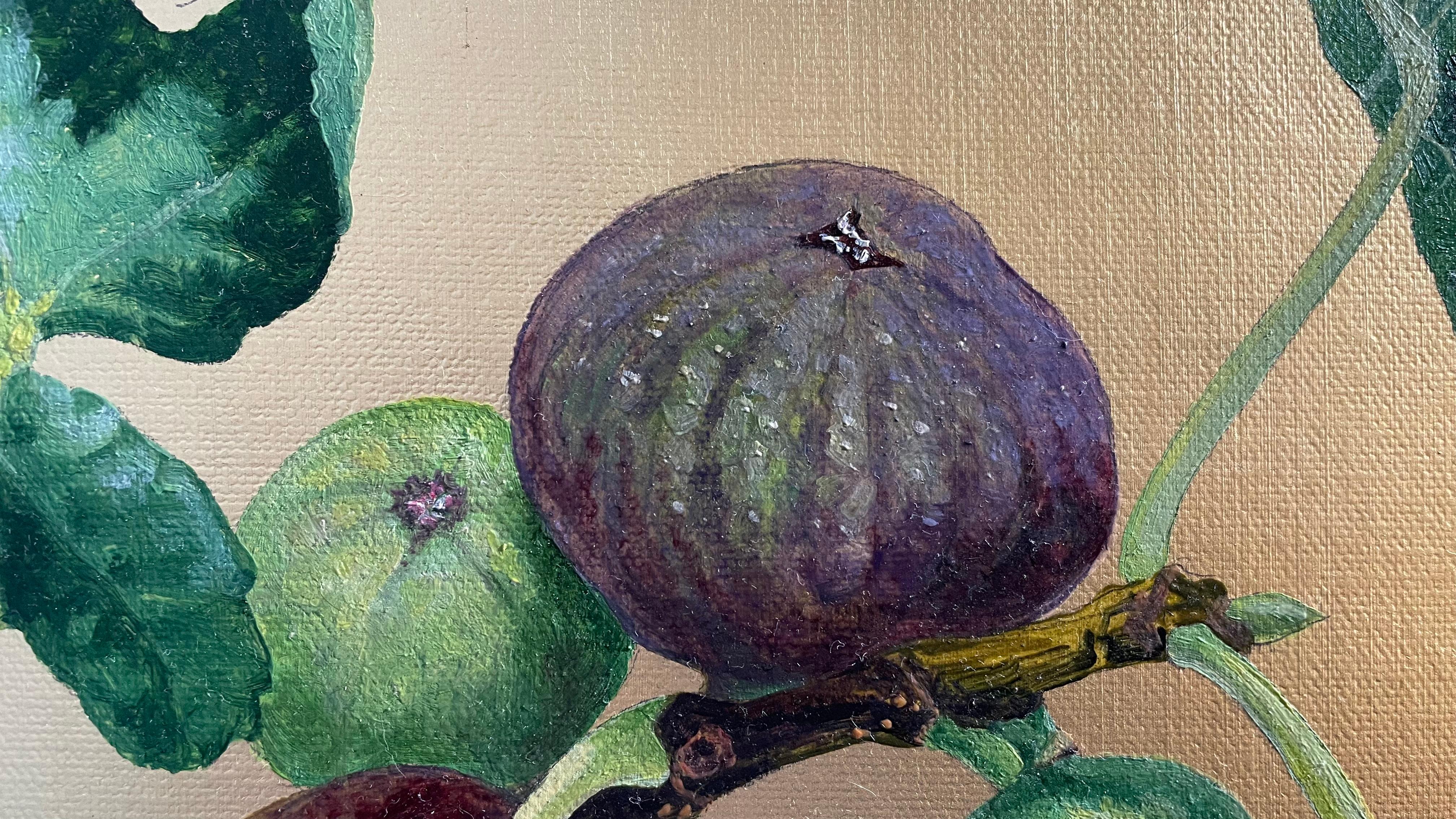 Margherita Leoni - Petit oil painting of a fig branch on a gold-leaf ...