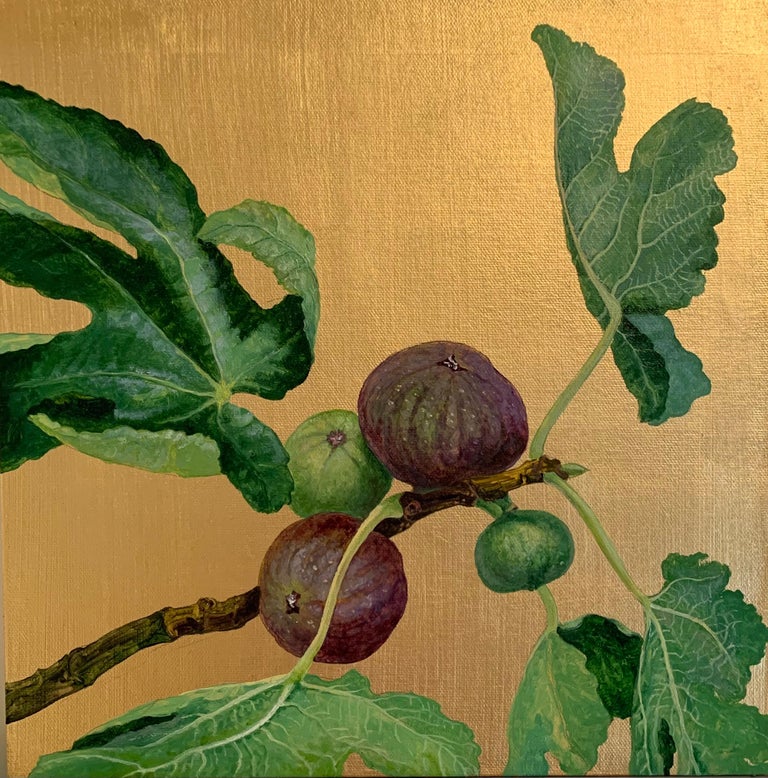 Margherita Leoni - Petit oil painting of a fig branch on a gold-leaf ...