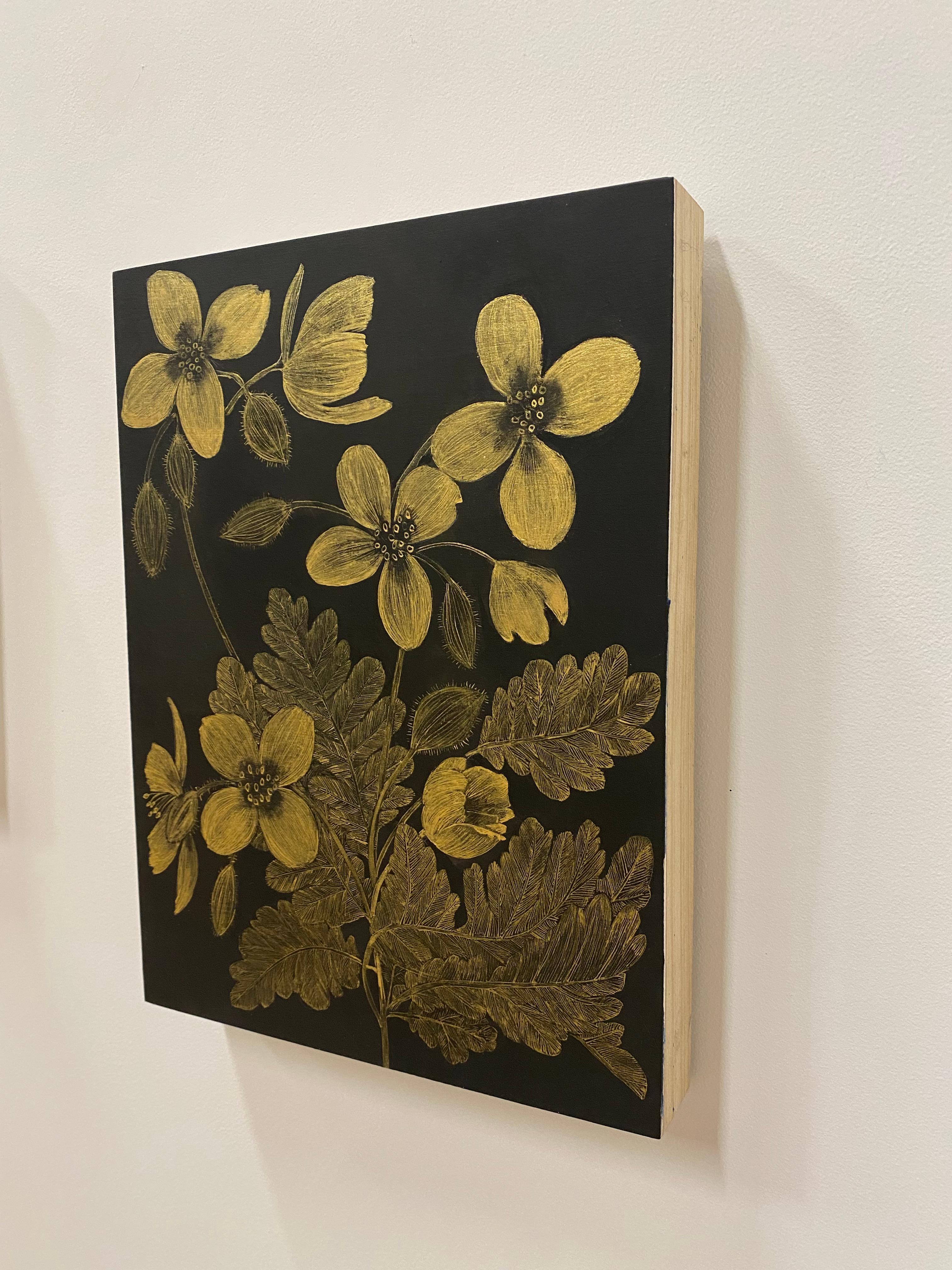 Margot Glass - Celandine Two, Botanical Painting Black Panel, Gold Flowers, Leaves, Stem, Buds ...