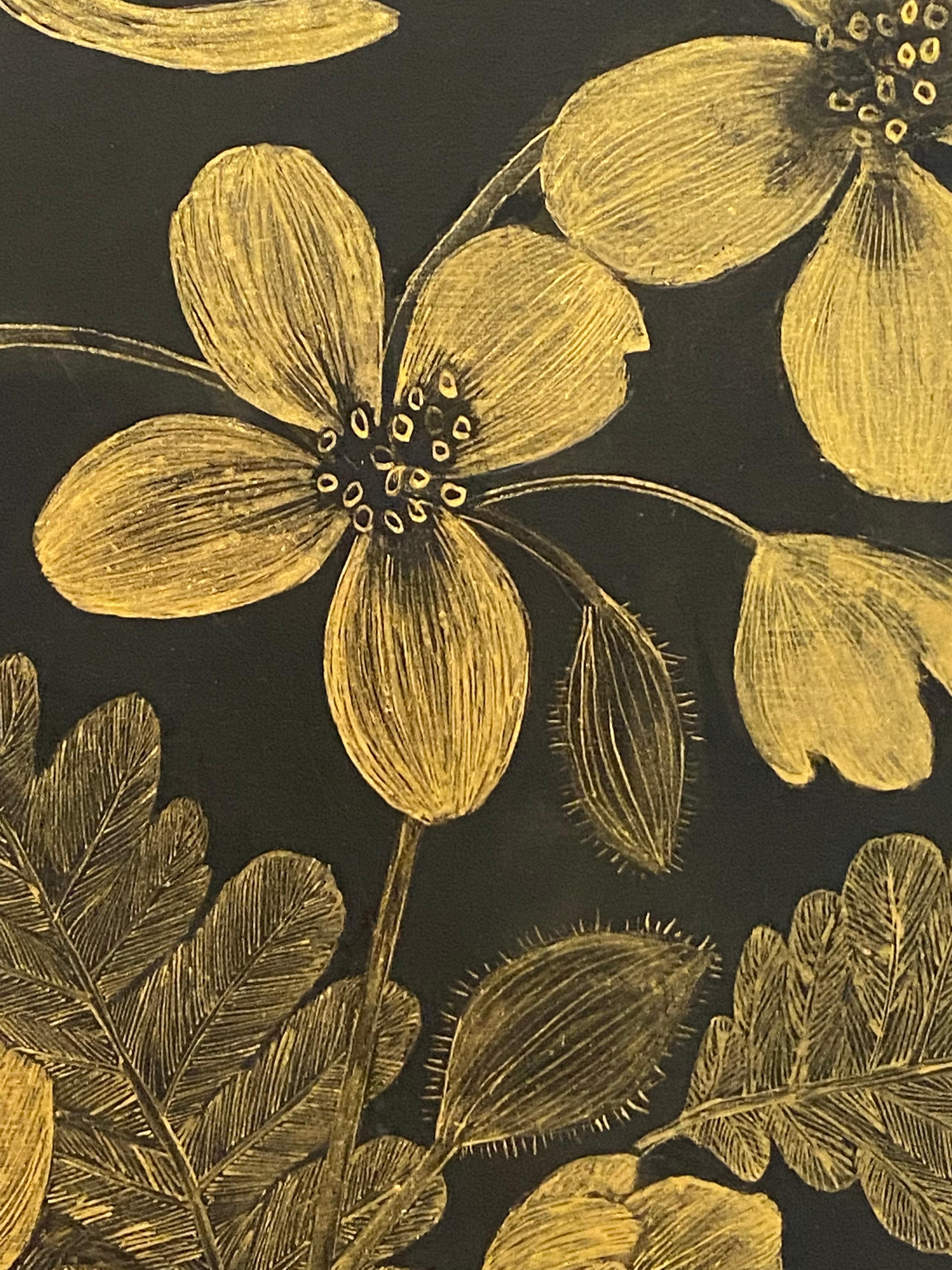 Margot Glass - Celandine Two, Botanical Painting Black Panel, Gold Flowers, Leaves, Stem, Buds ...